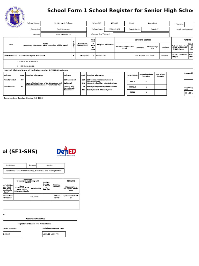 Senior High School Register Form | PDF