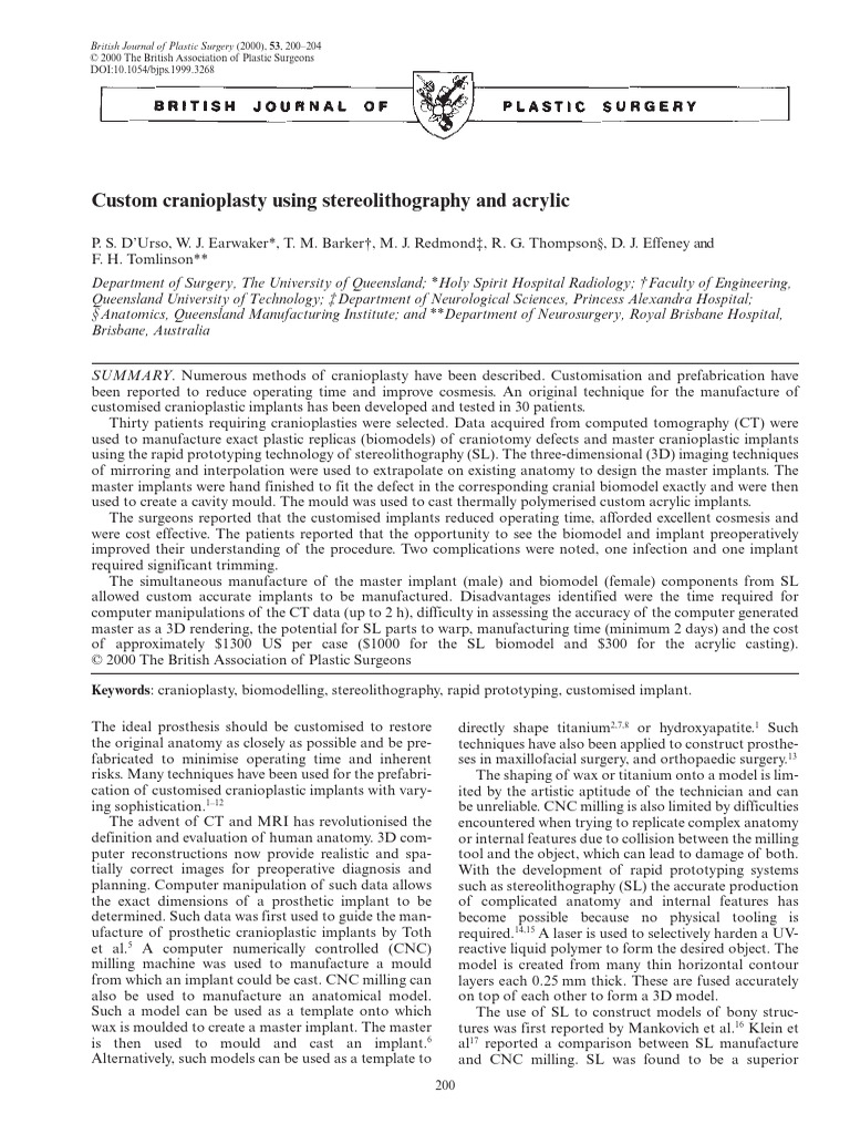 Custom cranioplasty using stereolithography and acrylic | PDF | Ct Scan