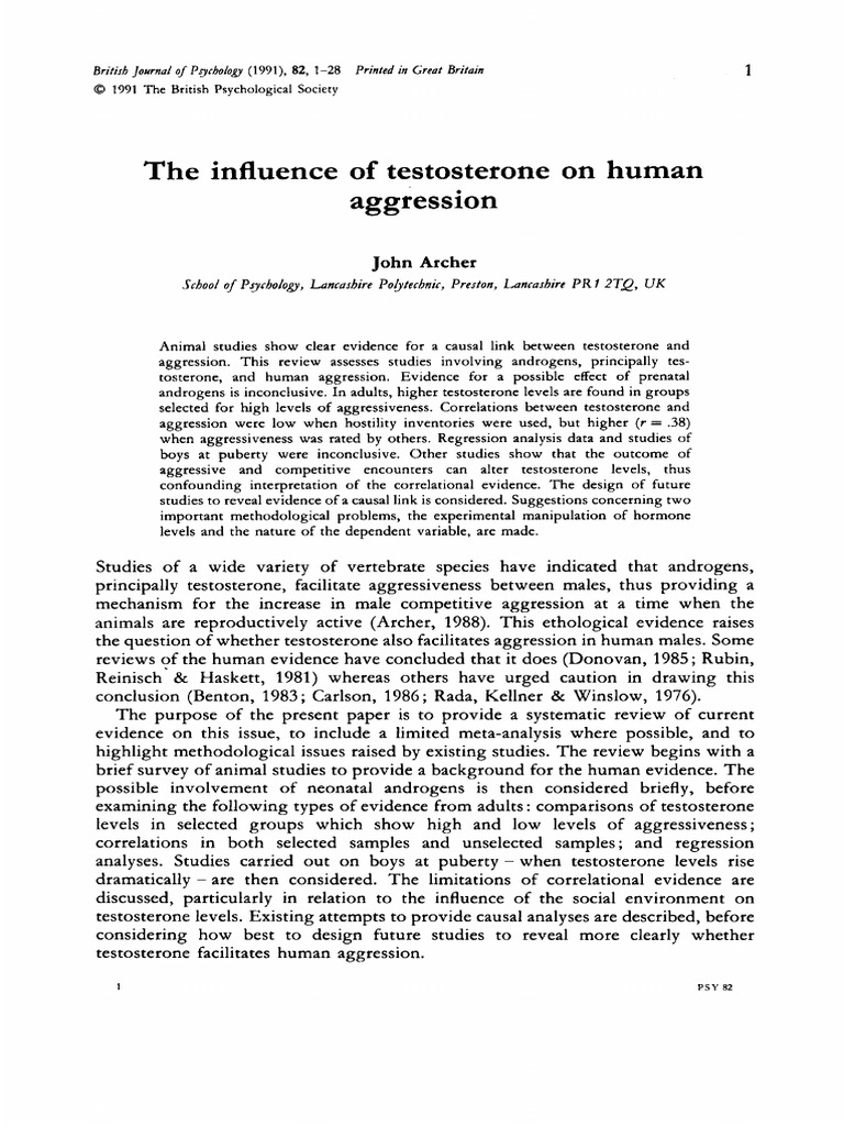 ARCHER The Influence of Testosterone On Human Aggression | PDF ...