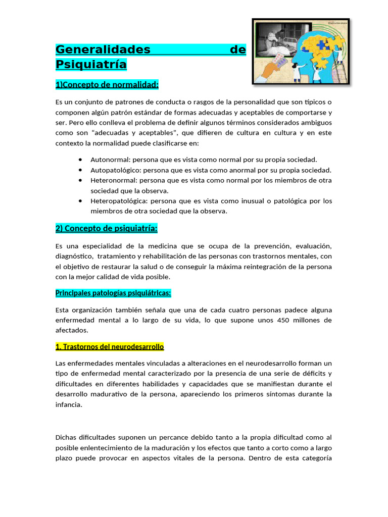 Generalidades de Psiquiatría | PDF | Psicosis | Trastorno mental