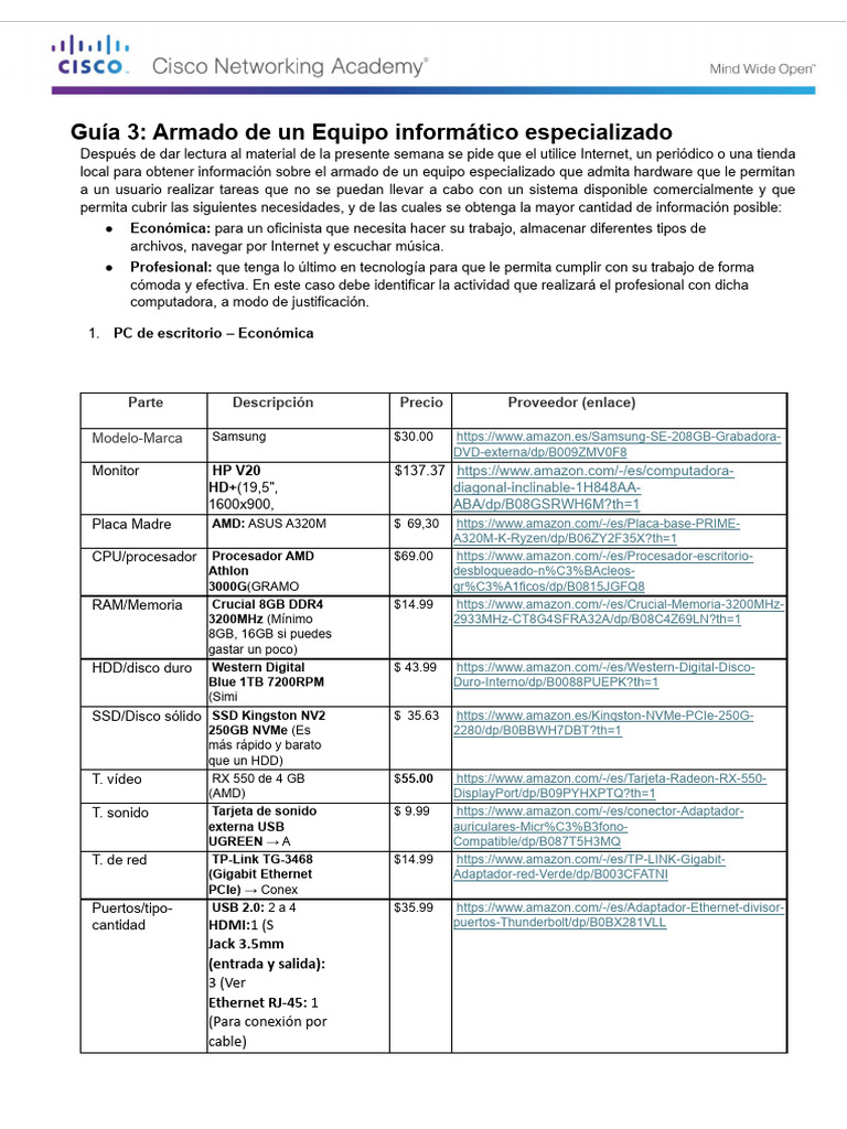 Guía 3: Armado de Un Equipo Informático Especializado: Económica: Profesional | PDF | Hardware ...