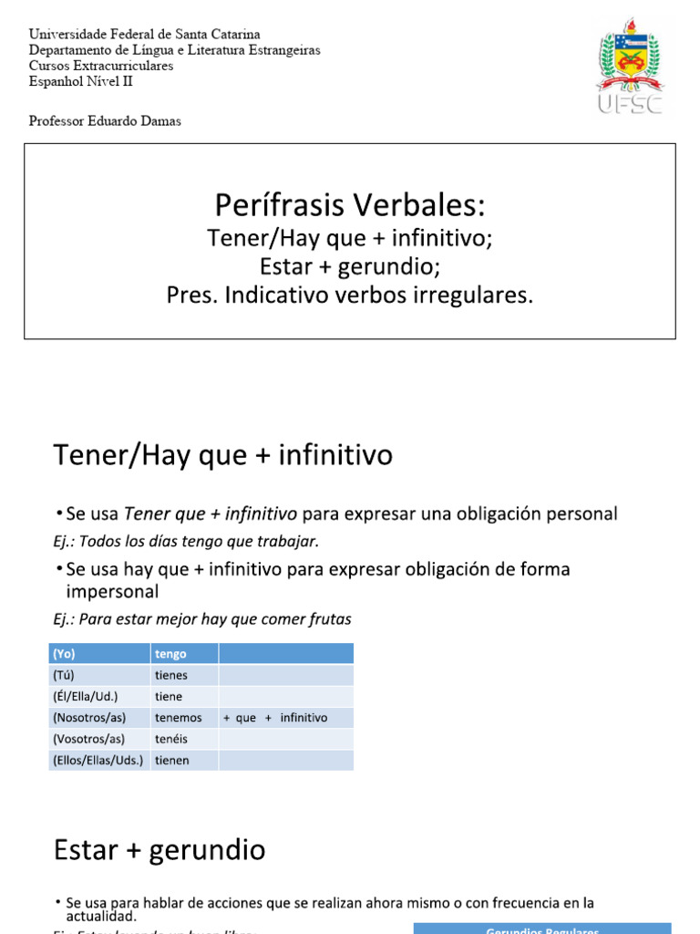 Tener Que + Infinitivo Gerundio Presente Irregular. | PDF