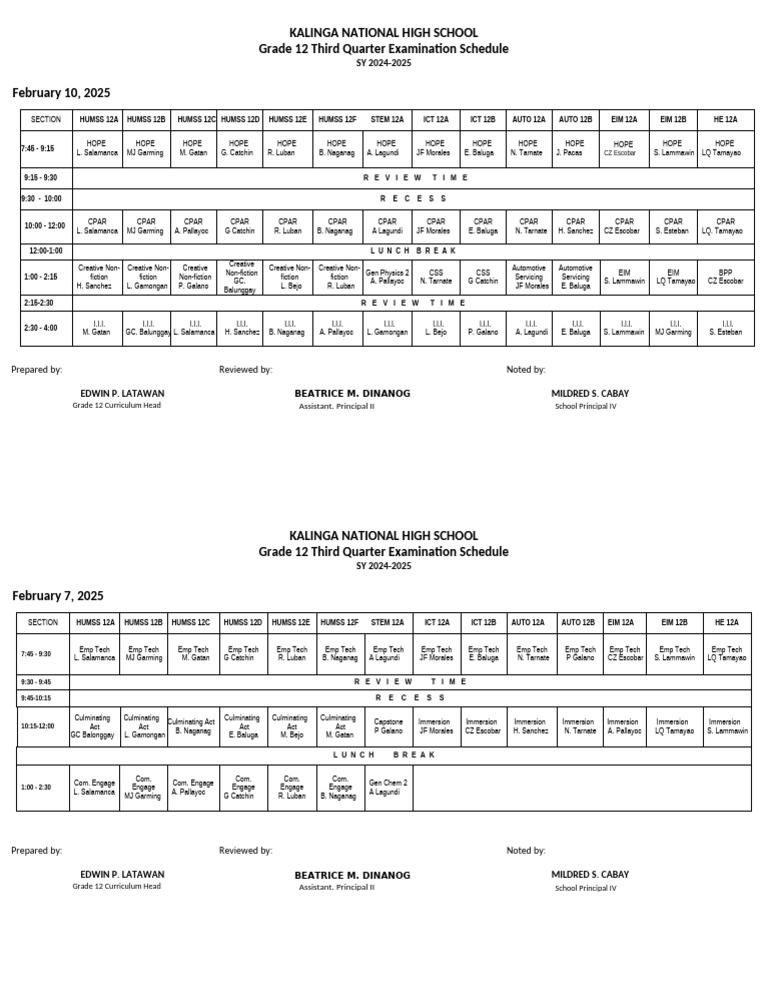 Kalinga National High School Exam Schedule | PDF