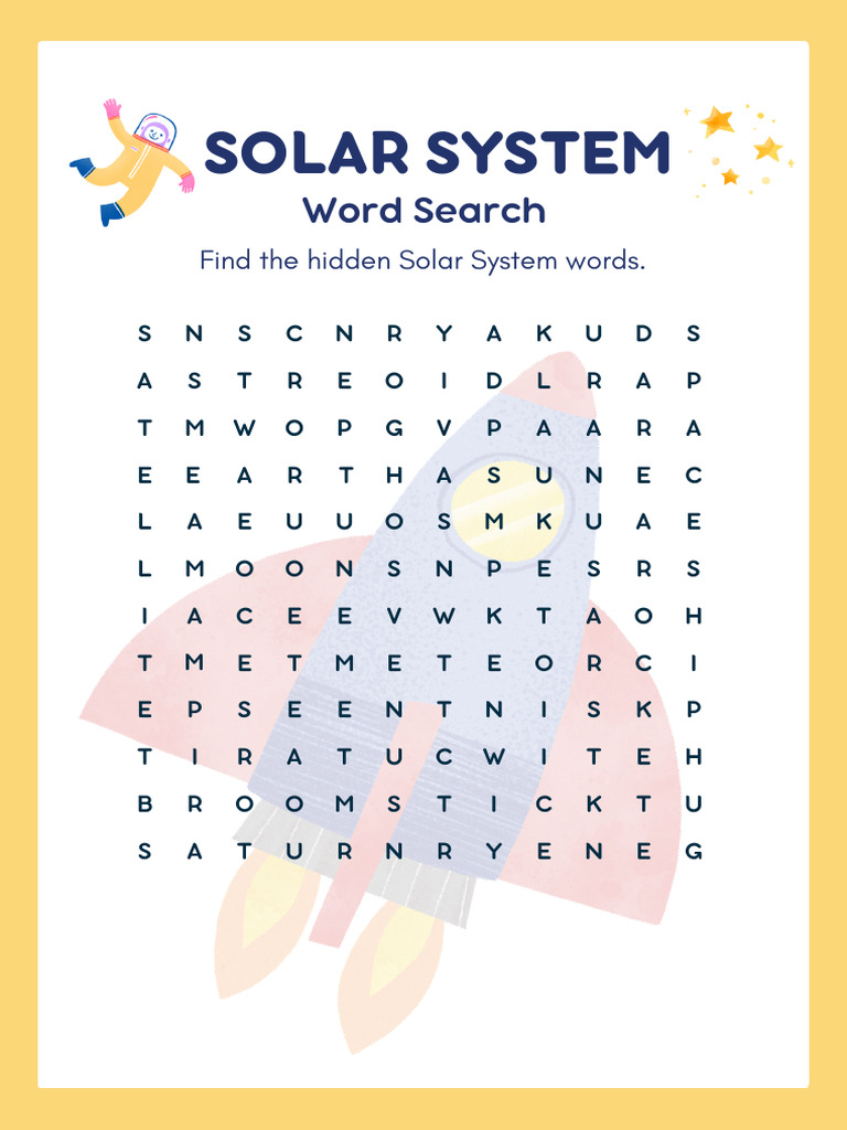 Solar System Word Search Worksheet in White Blue Yellow Cute Style | PDF