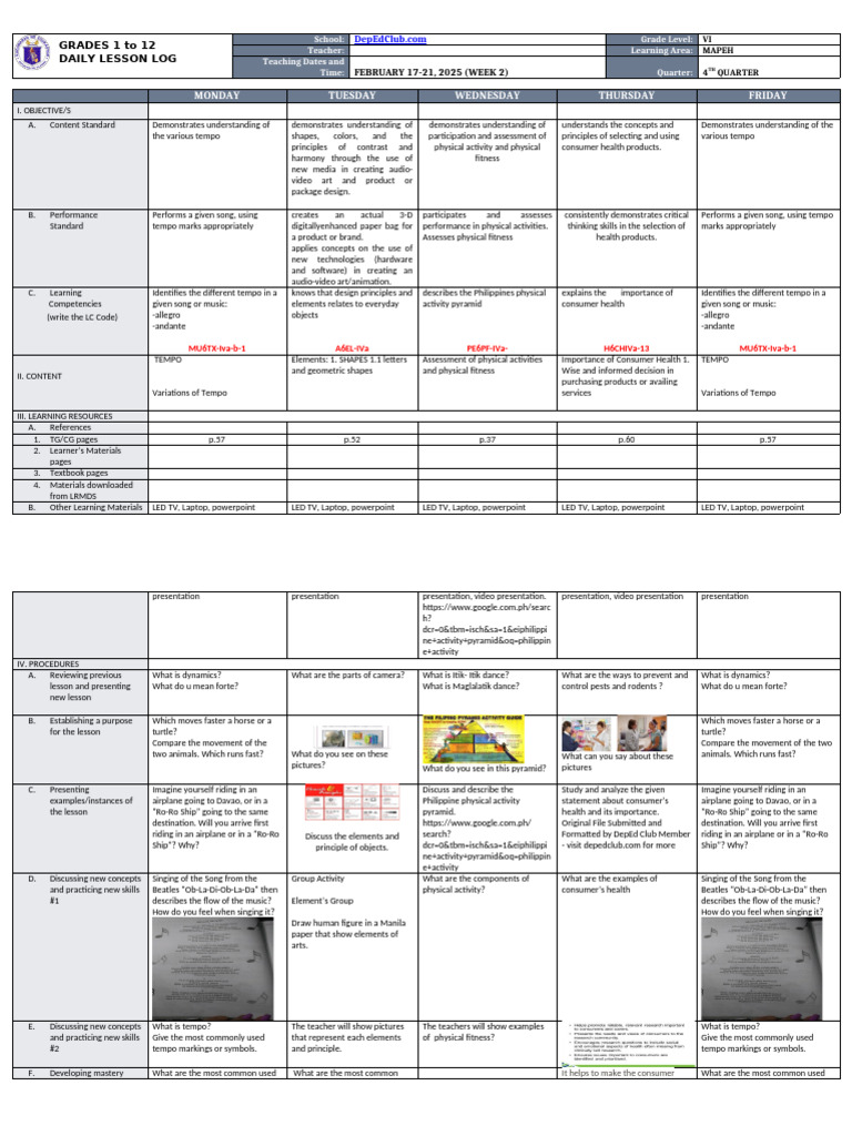 DLL_MAPEH 6_Q4_W2 | PDF | Learning | Cognition