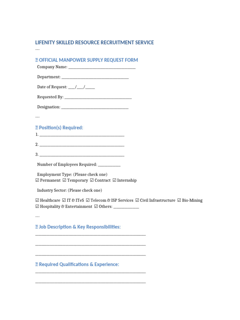 Manpower Supply Request Form | PDF | Human Resources | Employment