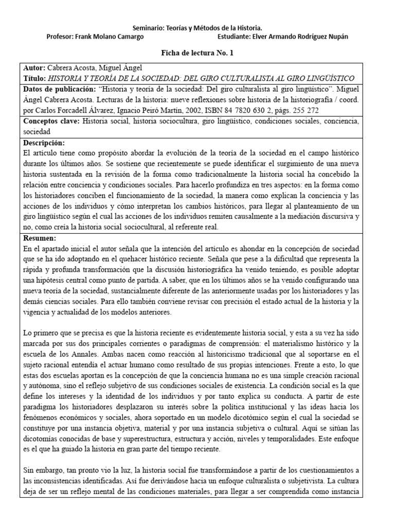 Ficha de Lectura Historia 1 | PDF | Realidad | Teoría