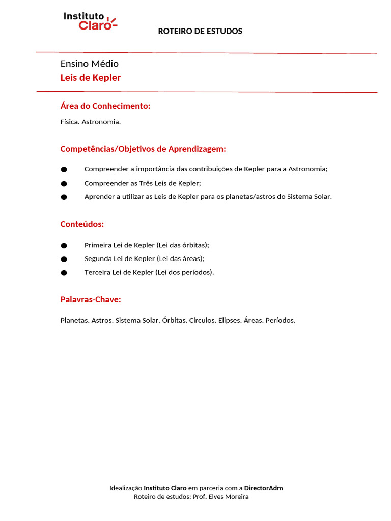 2020 - Roteiro de Estudos - LEIS DE KEPLER - Elves Moreira | PDF ...