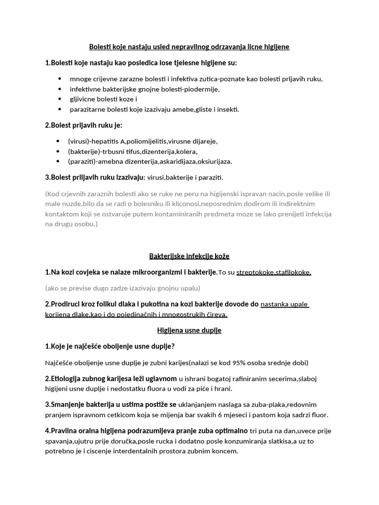 Bolesti Koje Nastaju Usled Nepravilnog Odrzavanja Licne Higijene | PDF