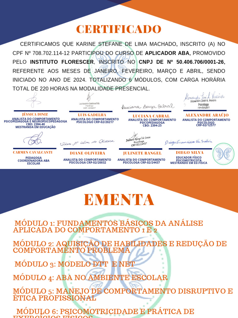Certificado de Curso ABA - Karine Machado | PDF