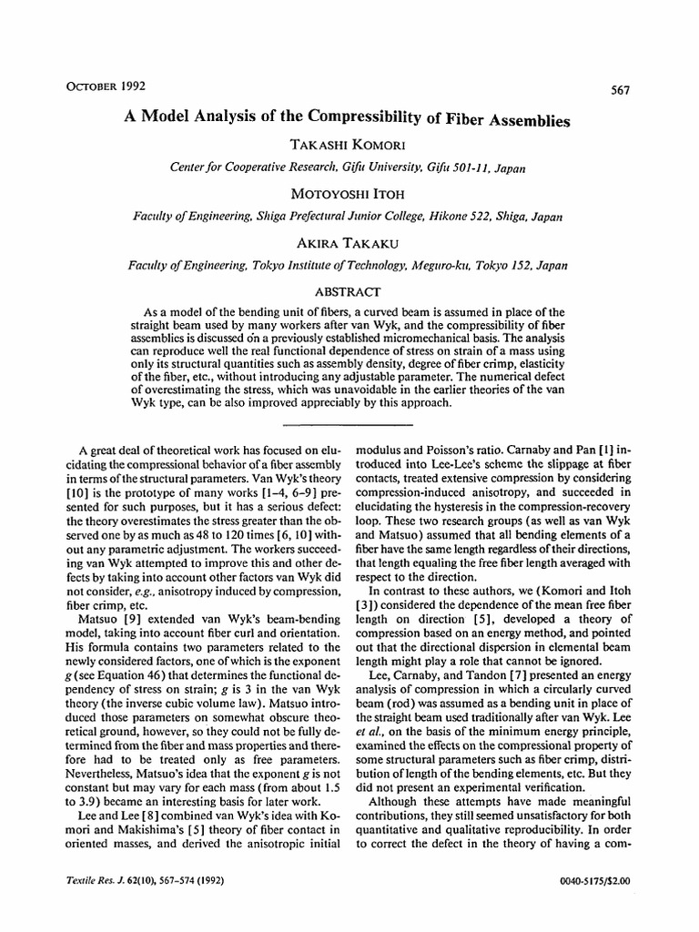 1992-A Model Analysis of The Compressibility of Fiber Assemblies | PDF ...