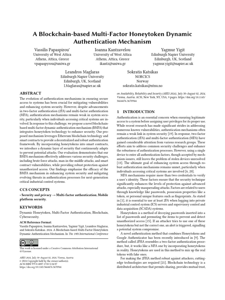 A Blockchain-Based Multi-Factor Honeytoken Dynamic Authentication Mechanism | PDF | Security ...