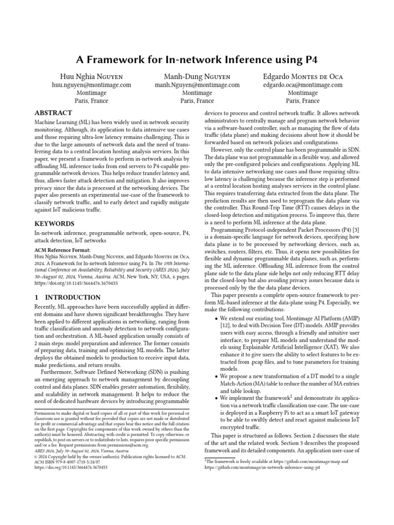 A Framework For In-Network Inference Using P4 | PDF | Machine Learning | Computer Network