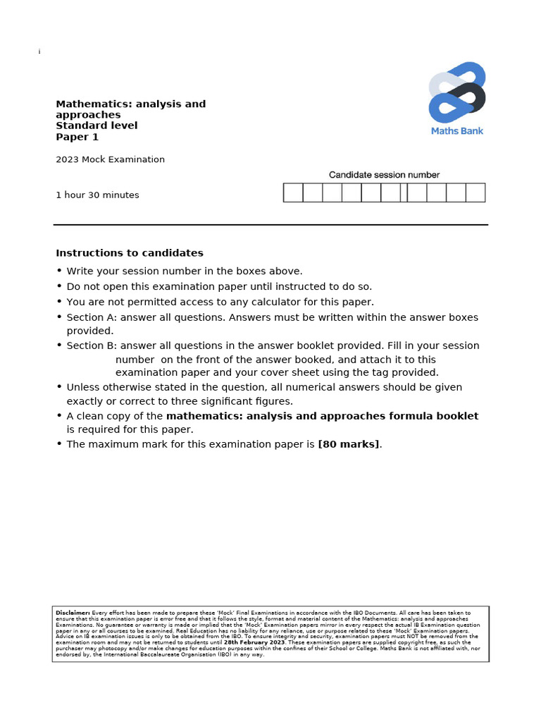 2023 Maths Bank AA SL Mock Paper 1 | PDF | Area | Mathematics