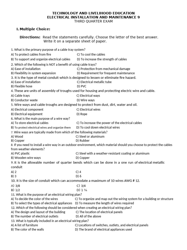 Exam 3RD Quarter Eim Grade 9 | PDF | Electrical Wiring | Occupational ...