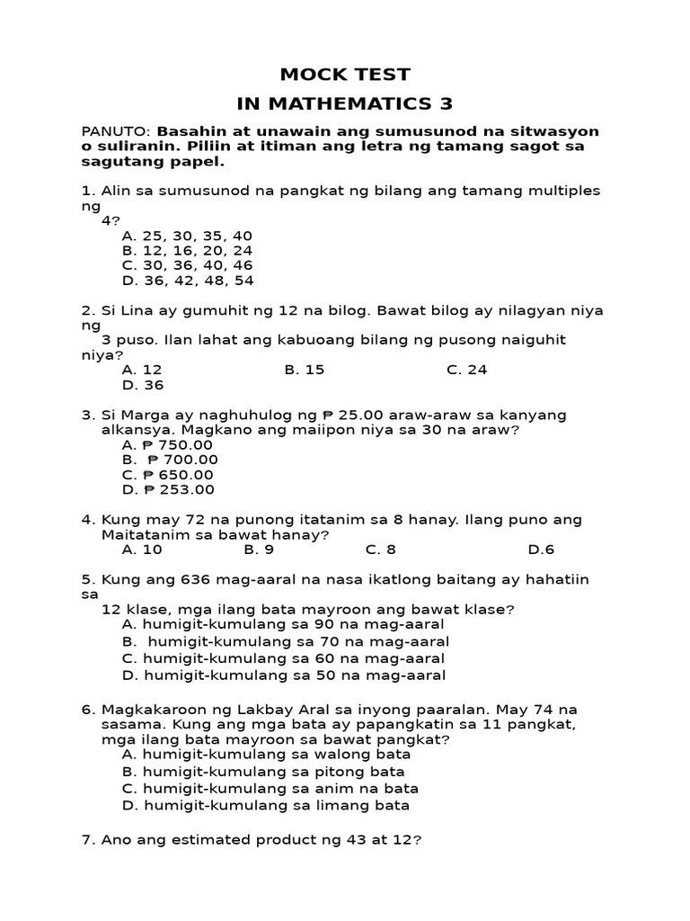 Grade 3 Math Mock Test | PDF