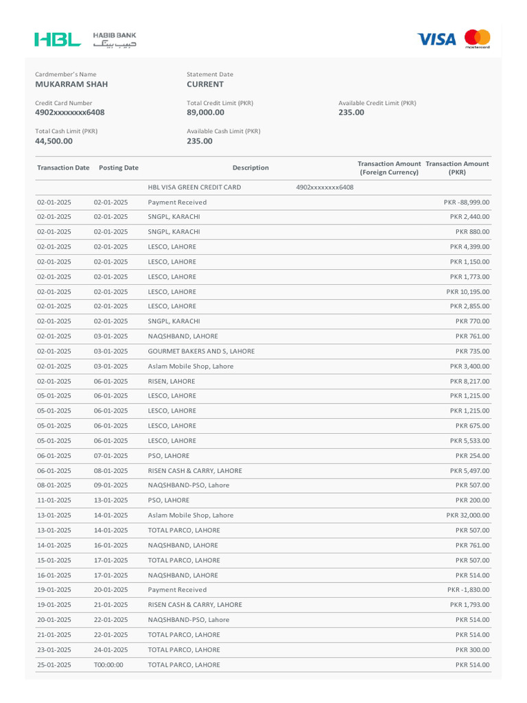 HBL Visa Green Credit Card Statement | PDF | Cash | Payments