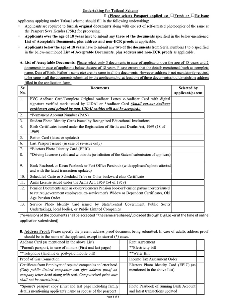 Indian Passport Tatkal Under Taking Form | PDF