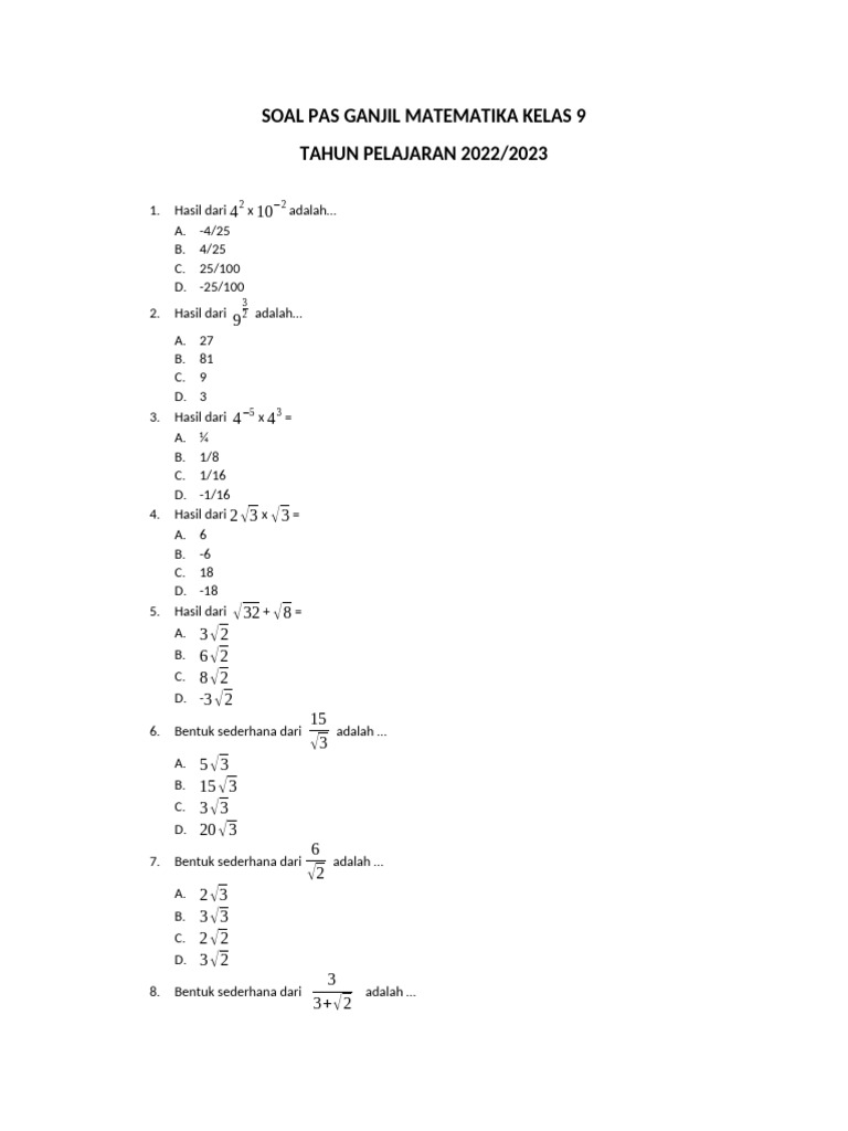 Soal MTK Kls 9 Ganjil 2022 | PDF