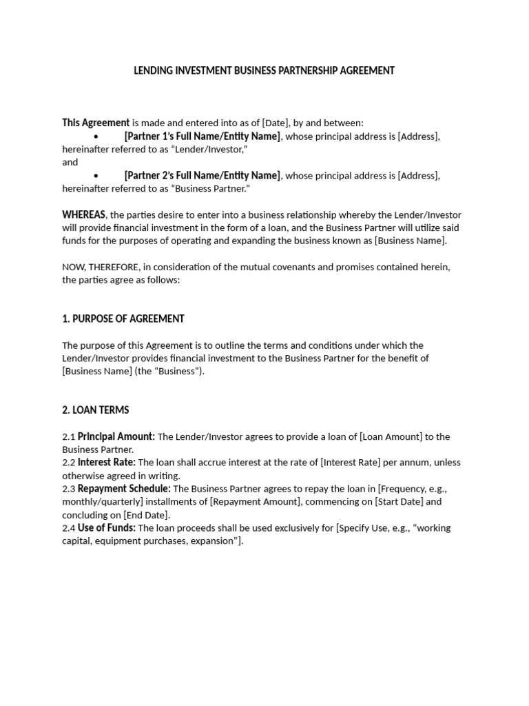 Lending Investment Business Partnership Agreement | PDF | Loans | Interest