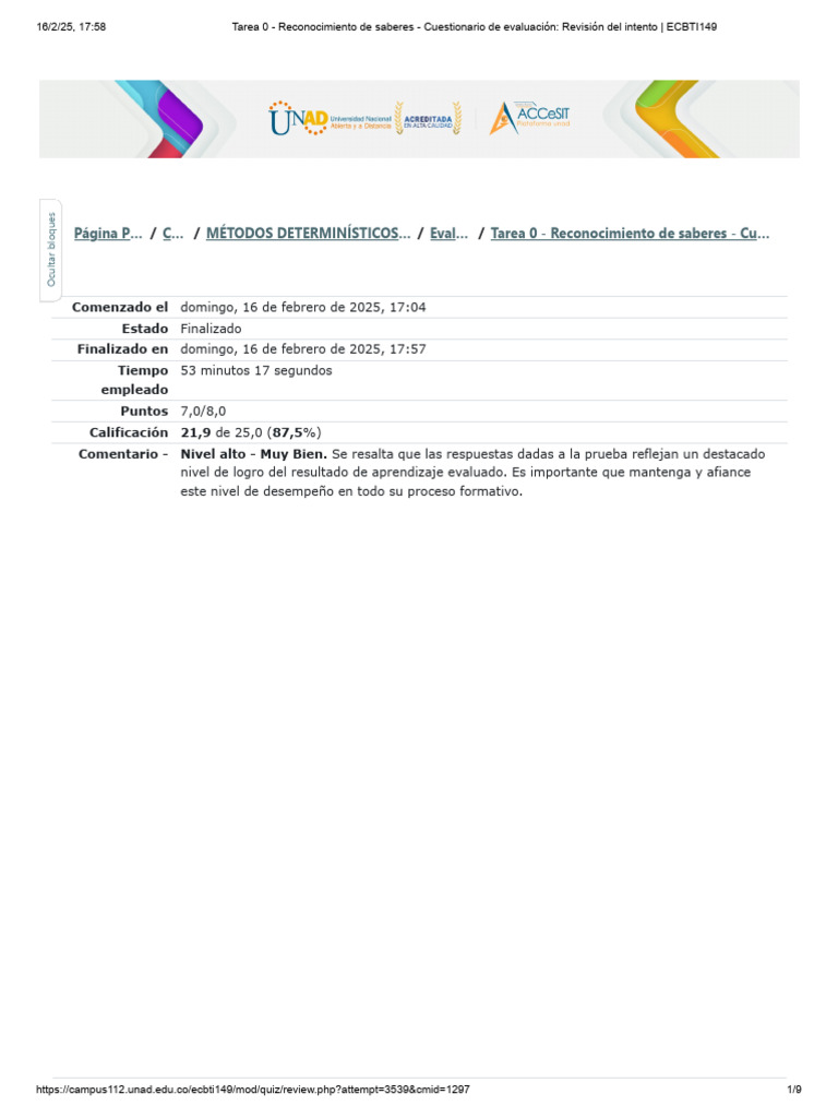 Tarea 0 - Reconocimiento de Saberes - Metodos Deterministicos | PDF | Cuestionario ...