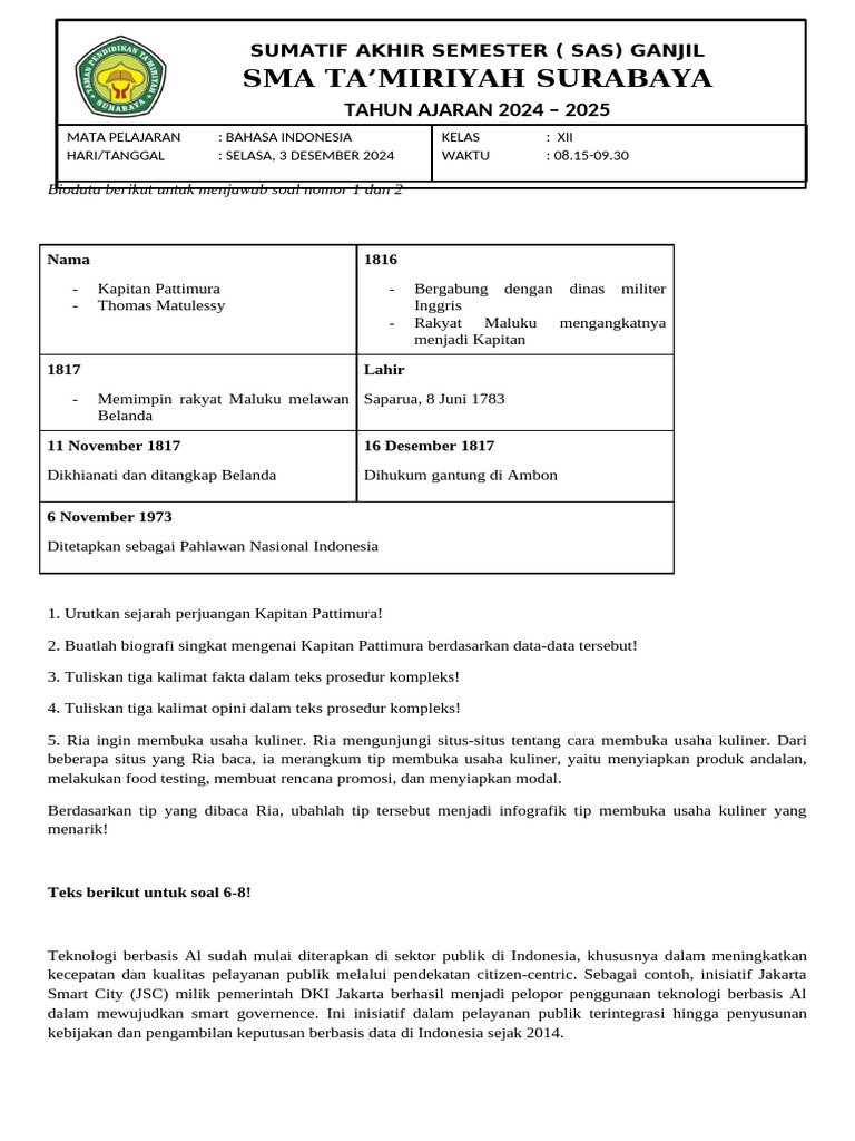 SOAL BIN KELAS 12 SAS 2024 | PDF