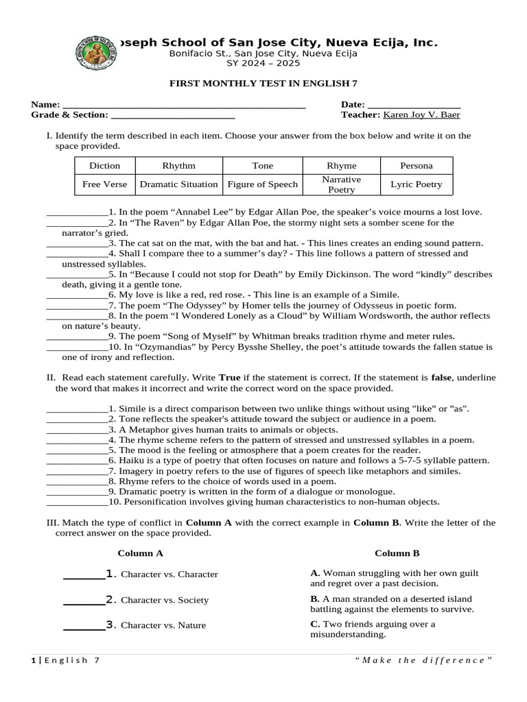First Monthly Test English 7 | PDF | Poetry