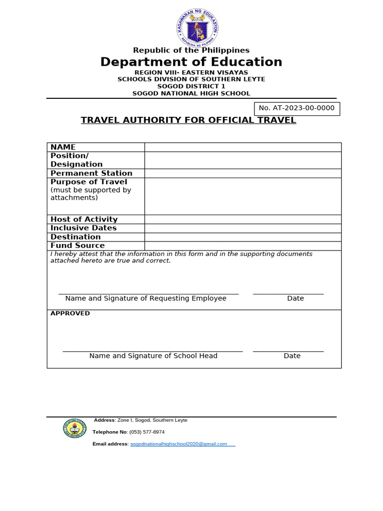 Authority To Travel - Local Official School Based Personnel - Within ...