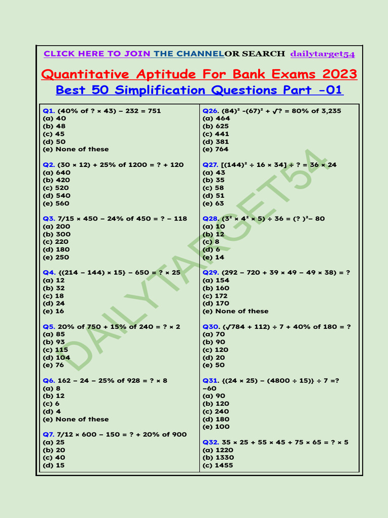 Best 50 Simplification Questions Part 01 By Dailytarget54 Pdf
