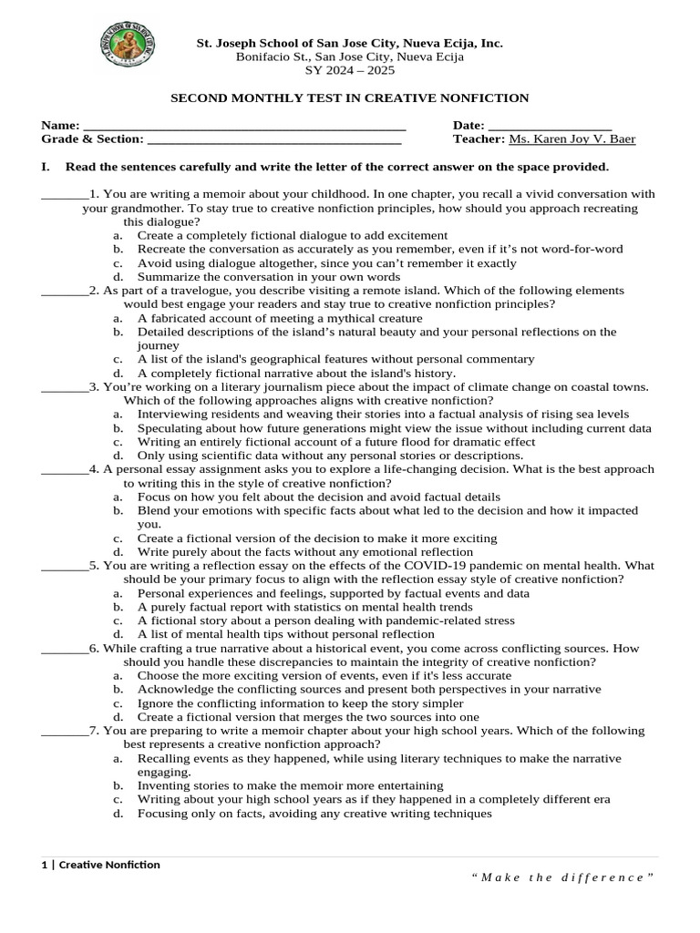 CNF-2ND QUARTER-MONTLY TEST | PDF | Creative Nonfiction | Narrative CNF-2ND QUARTER-MONTLY TEST | PDF | Creative Nonfiction | Narrative