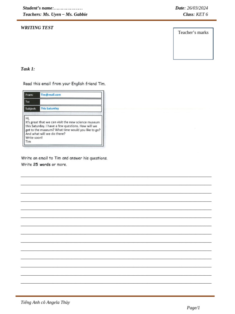 KET 6 26.03 MONTHLY TEST (Wri) | PDF