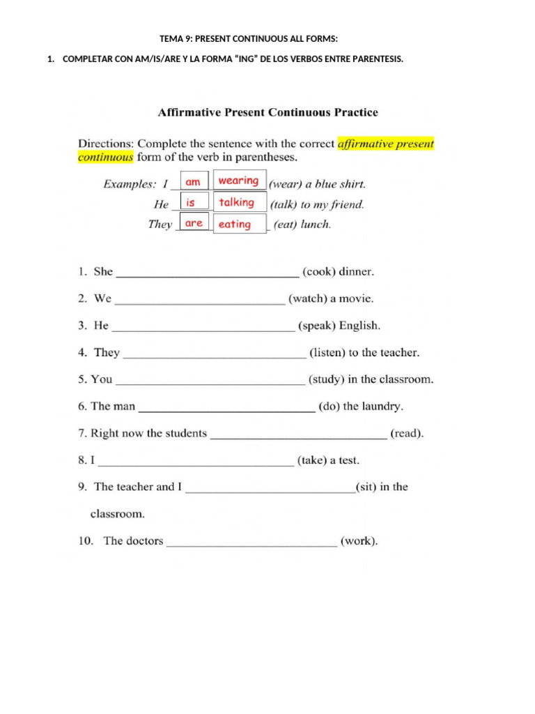 TEMA 9 PRESENT CONTINUOUS ALL FORMS | PDF