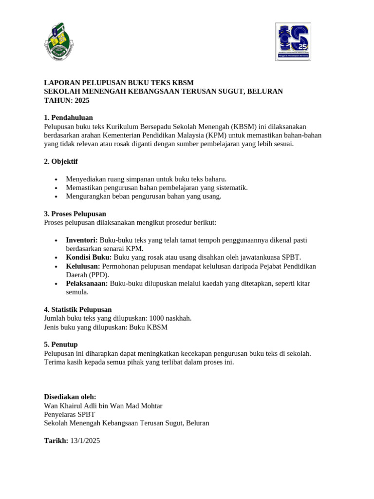 Laporan Pelupusan Buku Teks KBSM | PDF