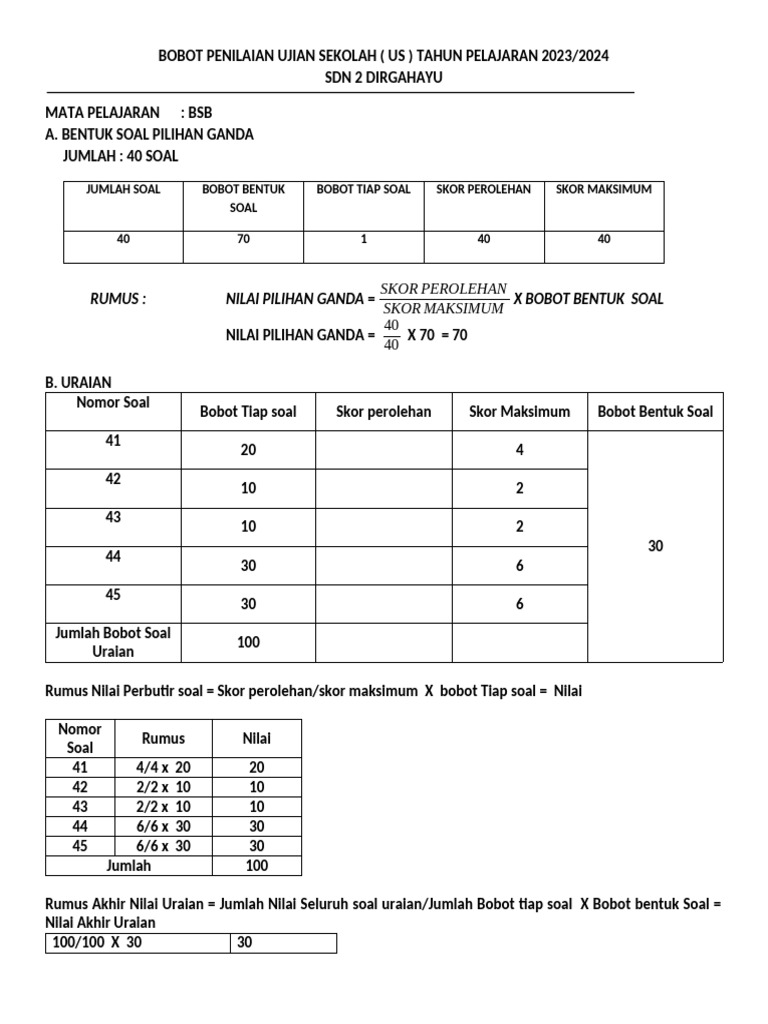 Bobot Nilai Us BSB | PDF