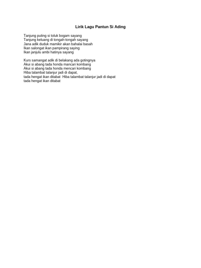 Lirik Lagu Pantun Si Ading | PDF