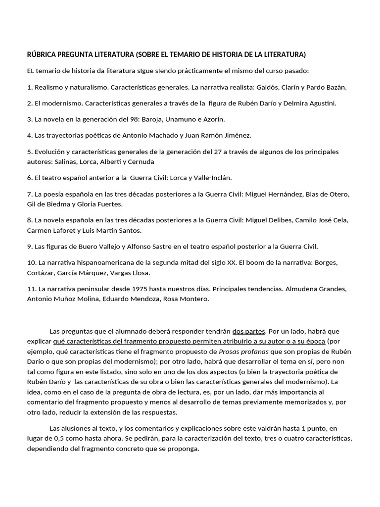 Rúbrica Pregunta Literatura | PDF | Federico García Lorca | Literatura española