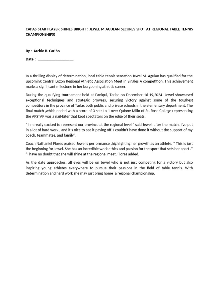 Jewel Agulan Qualifies for Regional Table Tennis | PDF