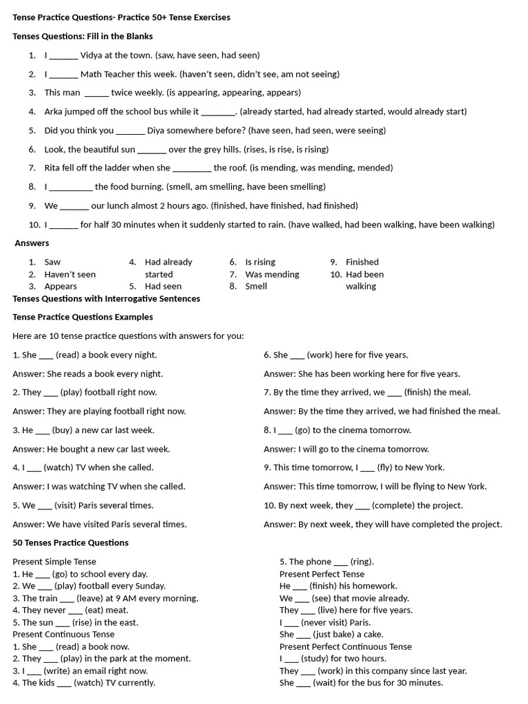 Tense Practice Questions 4 | PDF