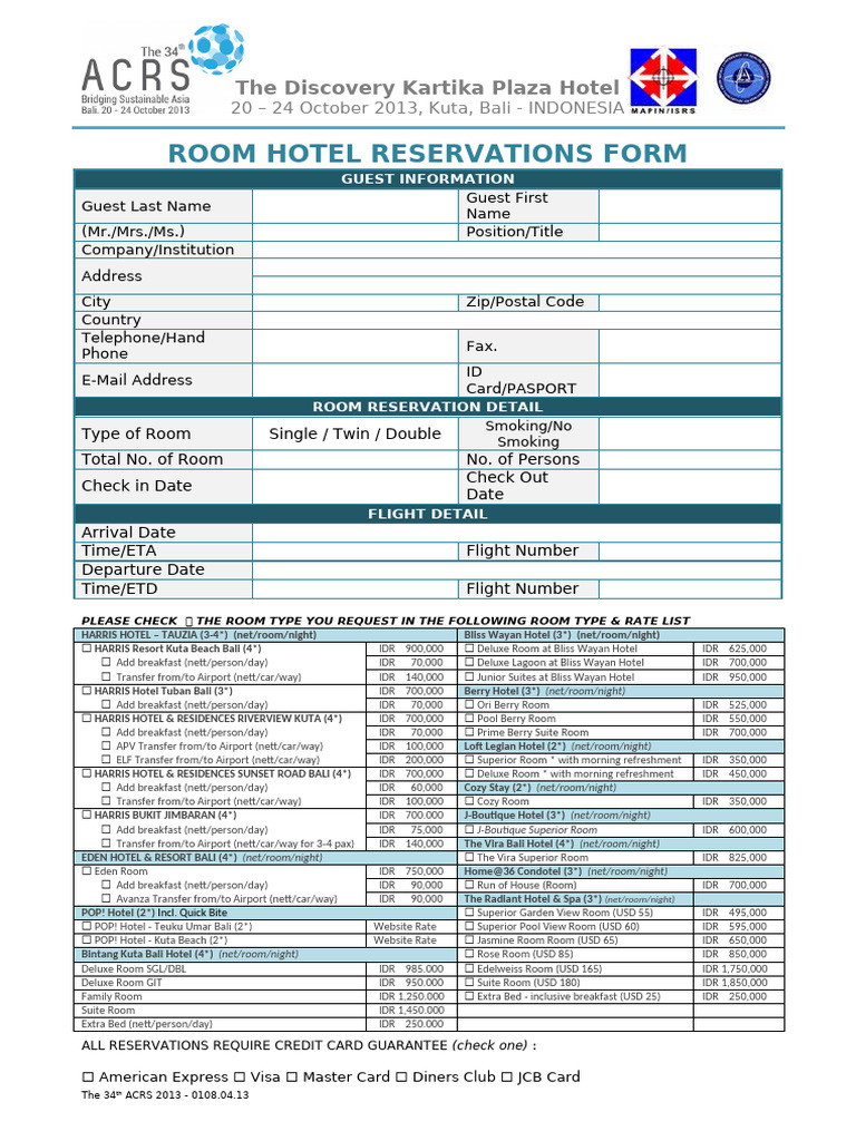 Acrs 2013 Hotel Room Reservation | PDF | Indonesian Rupiah | Credit Card