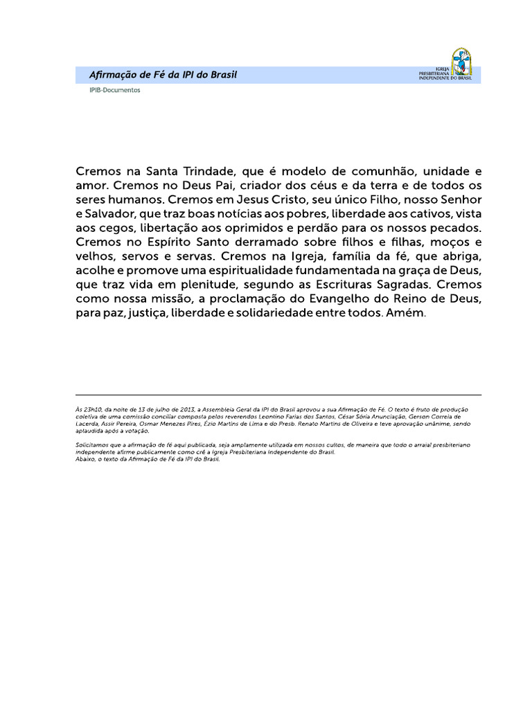 Afirmacao de Fe Da IPIB | PDF