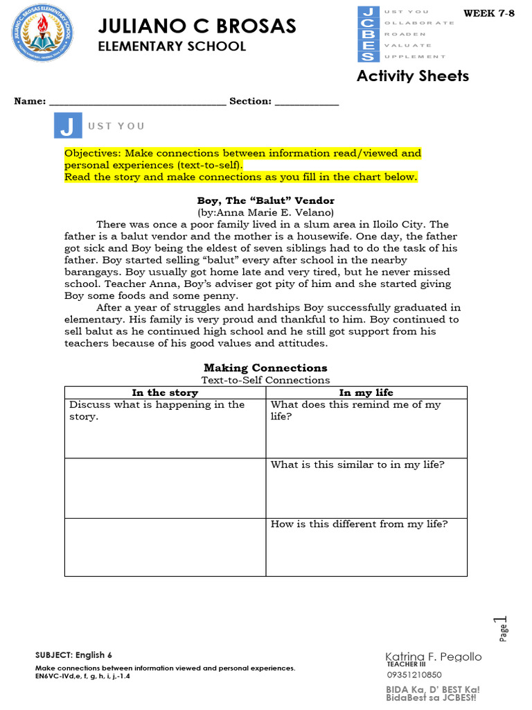 JCBES-ACtivity Sheets-English 6Q1Week7-8 | PDF | Cognition | Human ...