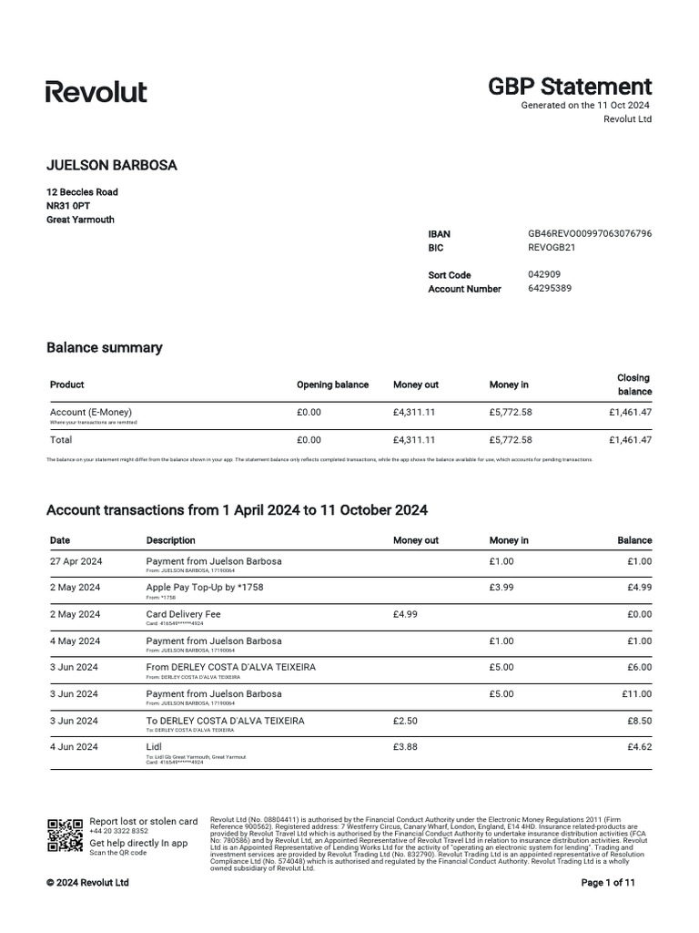 Revolut GBP Statement Summary | PDF | Money | Banking