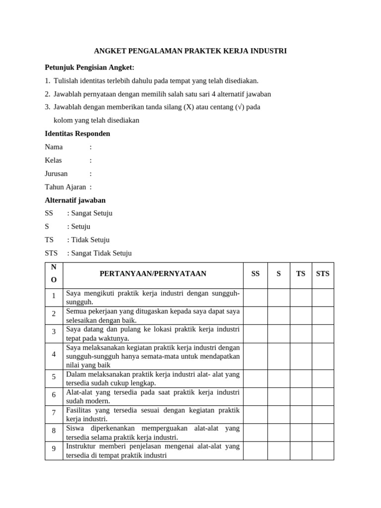 Angket Pengalaman Praktek Kerja Industri | PDF