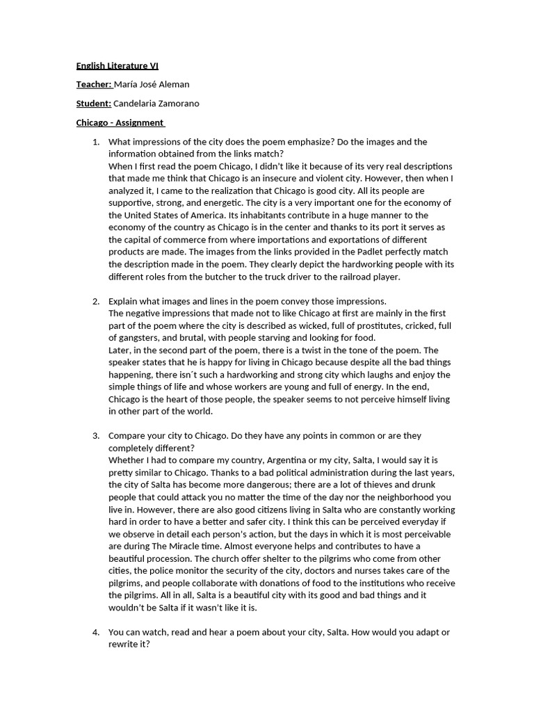 Chicago - Assignment - Cande Zamorano - ENG LIT 6 2024 | PDF