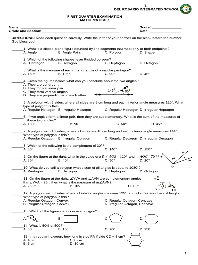 Mathematics 7 First Quarter Exam | PDF | Angle | Polygon