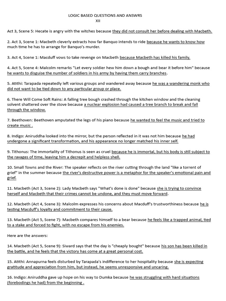 Logic Based Questions and Answrs | PDF | Macbeth | Shakespearean Tragedies