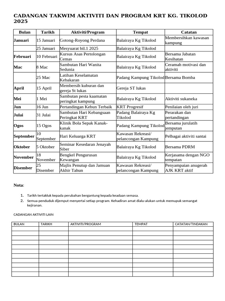 Cadangan Takwim Aktiviti Dan Program KRT KG | PDF