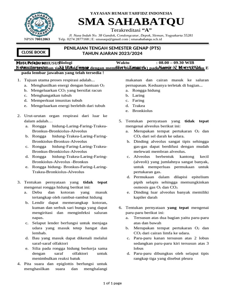 Biologi XI IPA PTS GENAP 2023-2024 | PDF