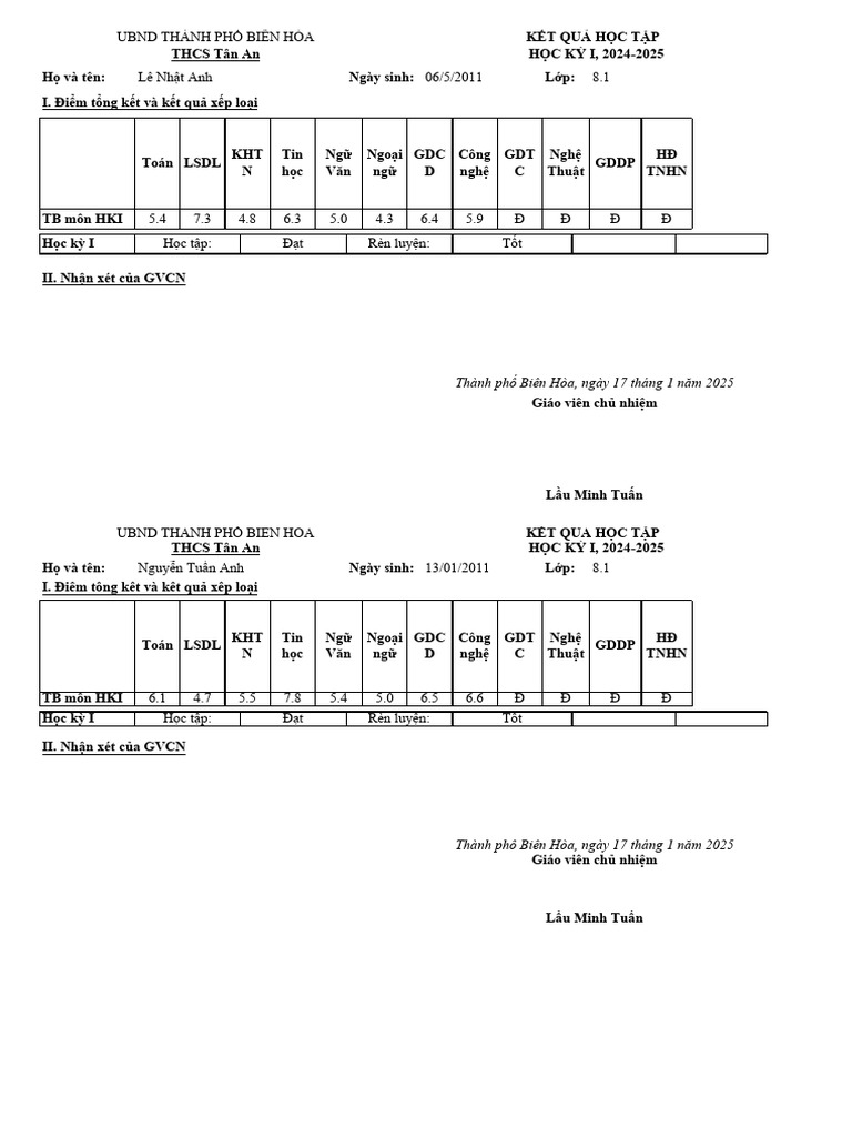 HS THCS PhieuBaoDiemKhối8 Hk1 | PDF