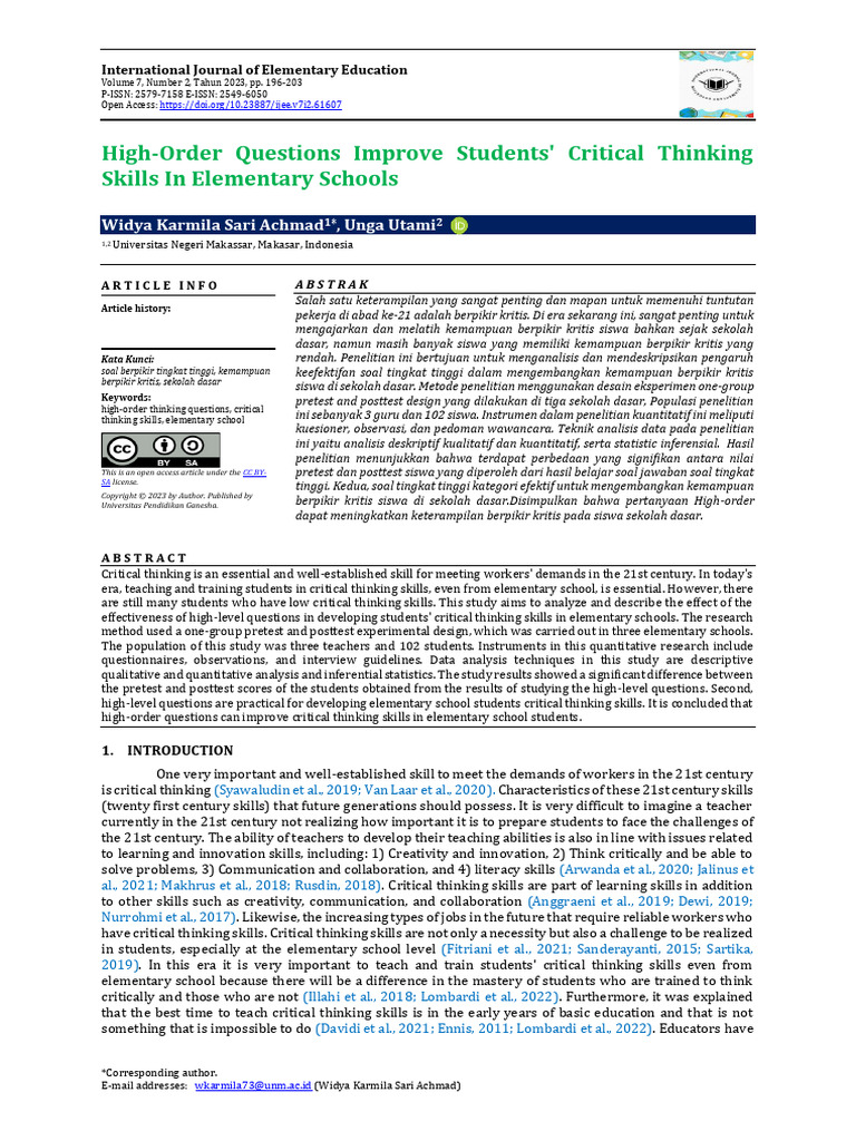 High-Order Questions Improve Students' Critical Thinking Skills in ...